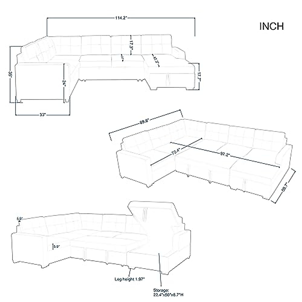 ERYE U-Shaped Sofa & Couch Upholstered Sectional Sofa with Pull Out Sleeper Couch Bed and Storage Chaise Lounge for Home Office Apartment Living Room Furniture Sets