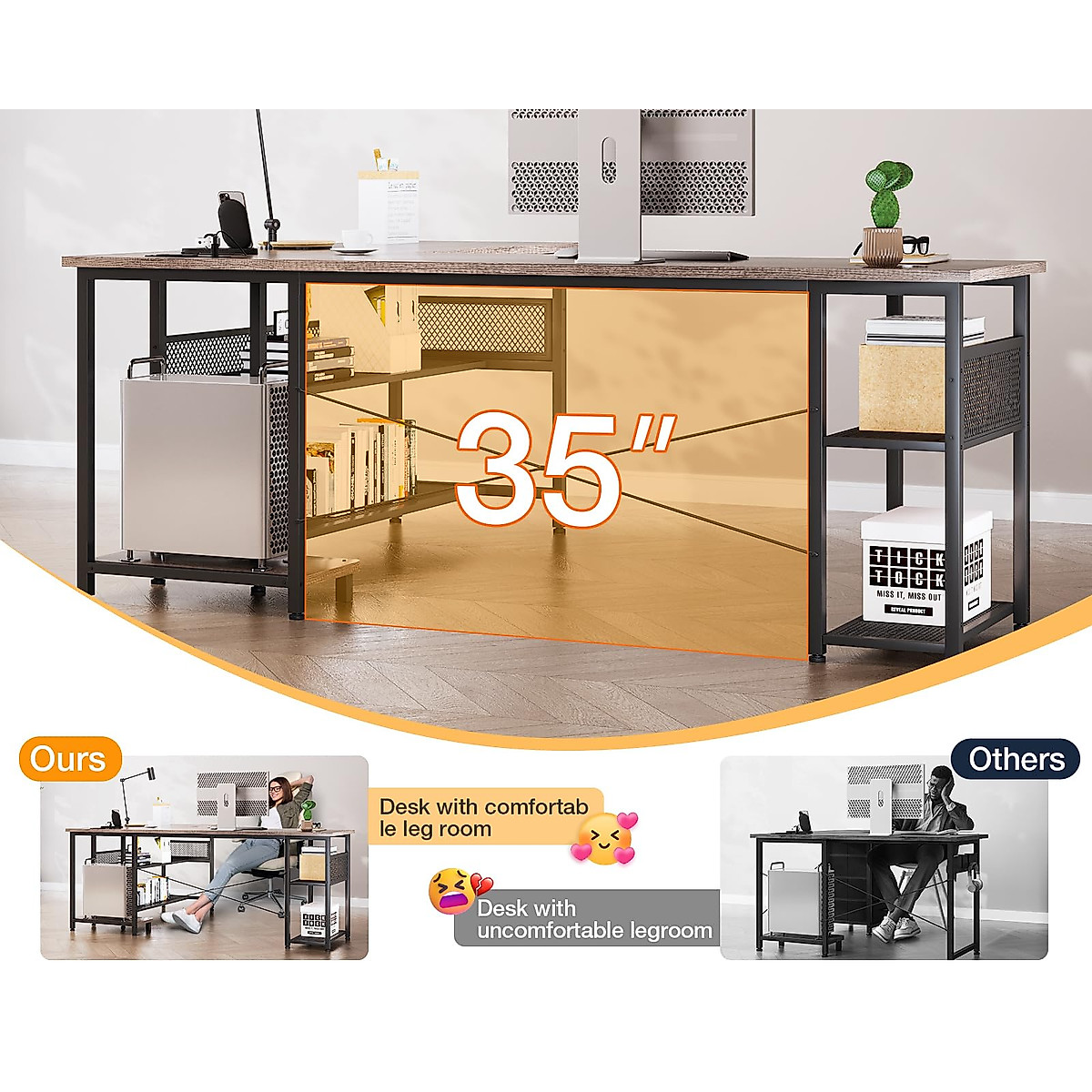 ODK 66" L Shaped Desk with Power Outlet and USB Charging Ports, Reversible L Shaped Computer Desk with Storage Shelves, Home Office Desk, Gaming Desk, Corner Desk, Grey Oak