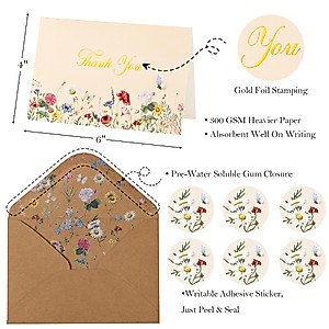 Crisky Vintage Floral Thank You Cards with Envelopes & Stickers 50 Pack Wildflower Thank You Cards Bulk for Birthday, Baby Shower,Bridal Shower, Wedding, Graduation, Business