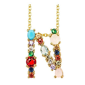 Women Large Initial Colorful Rhinestones Gold Plated Necklace 26 Letter Pendant KANGMOON
