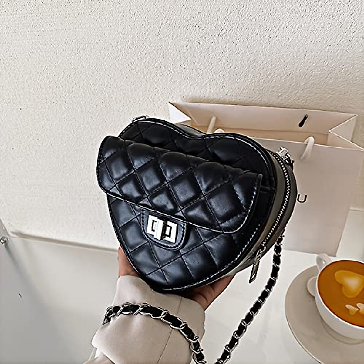 Women Girls Cute Heart Shaped Chain Shoulder Bag Plaid Embroidery Leather Evening Clutch Bag Crossbody Purse