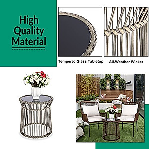 VIVIJASON 3-Piece Patio Conversation Bistro Set, All-Weather Wicker Outdoor Modern Furniture Small Balcony Chat Set w/ 2 Rattan Chairs, Cushions, Glass Top Side Table for Porch Backyard, Grey