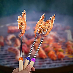 Marshmallow Roasting Sticks Wooden Handle Set of 12 Smores Skewers Telescoping Forks 32 inch Telescoping Smores Skewers for Campfire, Firepit, and Sausage BBQ with Portable Bag & 20 Bamboo Skewers