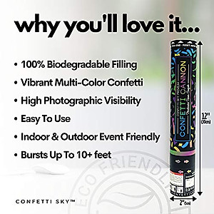 Confetti Sky [6 Pack] 12 Inch Confetti Cannons | Multicolor Biodegradable Confetti Poppers for Wedding Celebration, Birthday Party, Pranks, Graduation, Christmas Eve and New Year Celebration