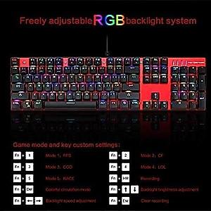 Feiyx Second Hand Wired Mechanical Keyboard 104 Keys RGB Blue Switch LED Backlit Anti-Ghosting Gaming Keyboard Premium,for Windows PC/MAC Games