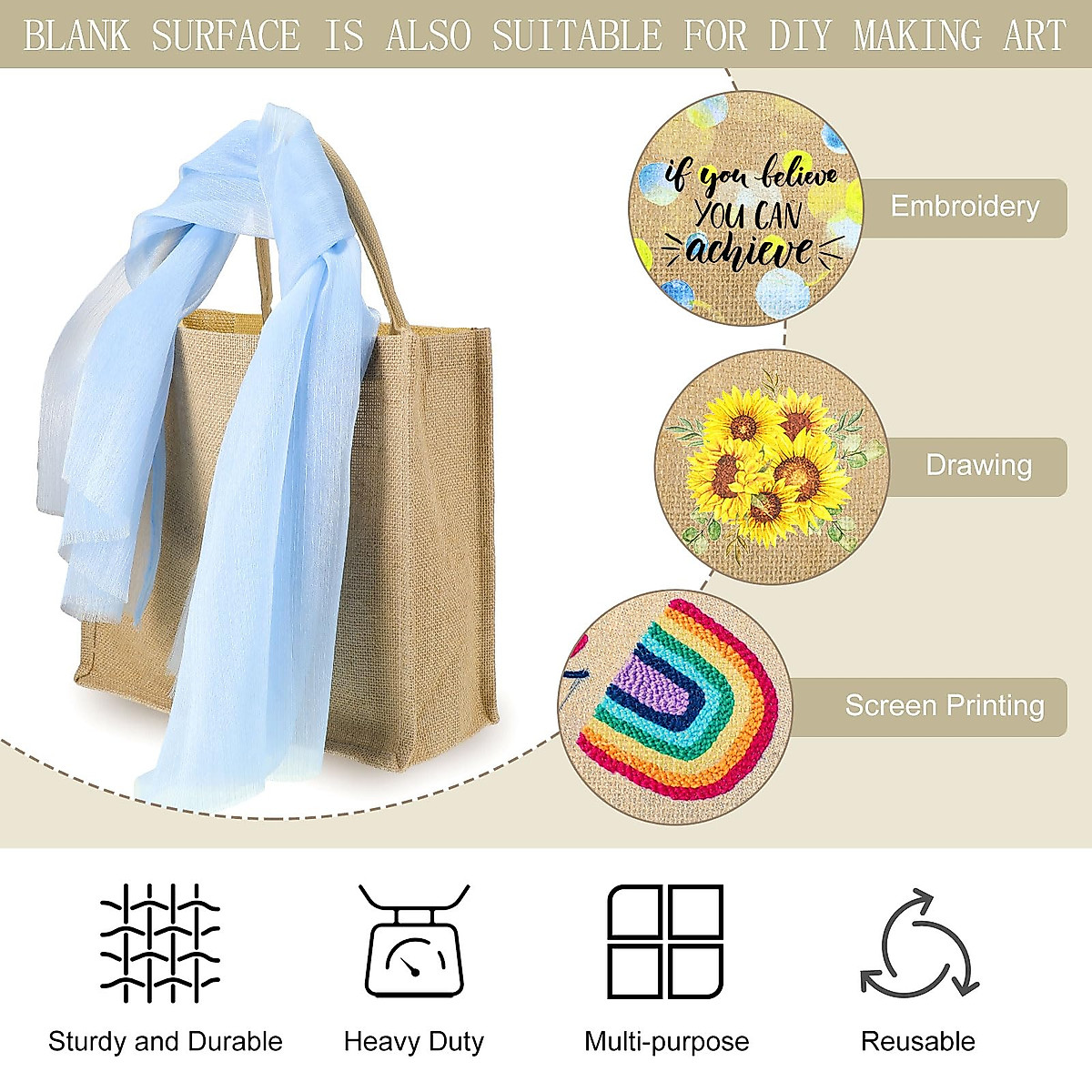 Sanwuta 50 Pcs Burlap Tote Bag Bulk Jute Tote Bags with Laminated Reusable Summer Tote Blank for Mother Teacher DIY Bridesmaid Wedding Shopping Beach, 14.96 x 11.81 x 5.91 Inch