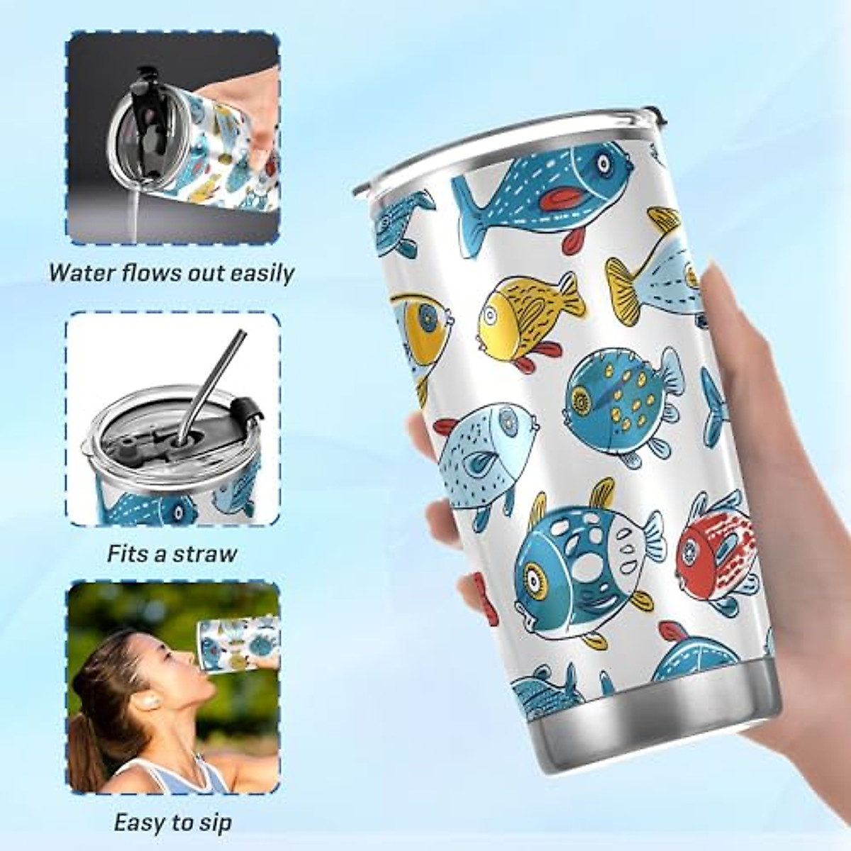 HXshaoye Hand-painted moldfish Stainless Steel car cup with Straw Lid insulated coffee mug with lid for outdoor portable cup 20 oz vaso térmico para cafe 20oz