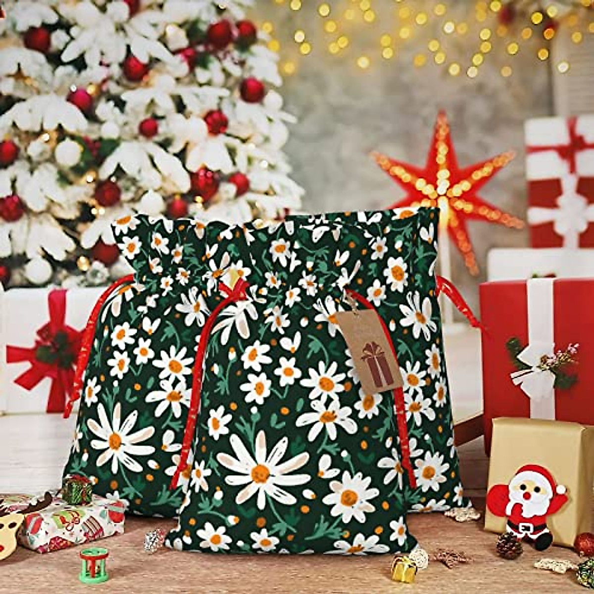 Drawstrings Christmas Gift Bags Watercolor-Daisy-Floral-Summer Presents Wrapping Bags Xmas Gift Wrapping Sacks Pouches Medium
