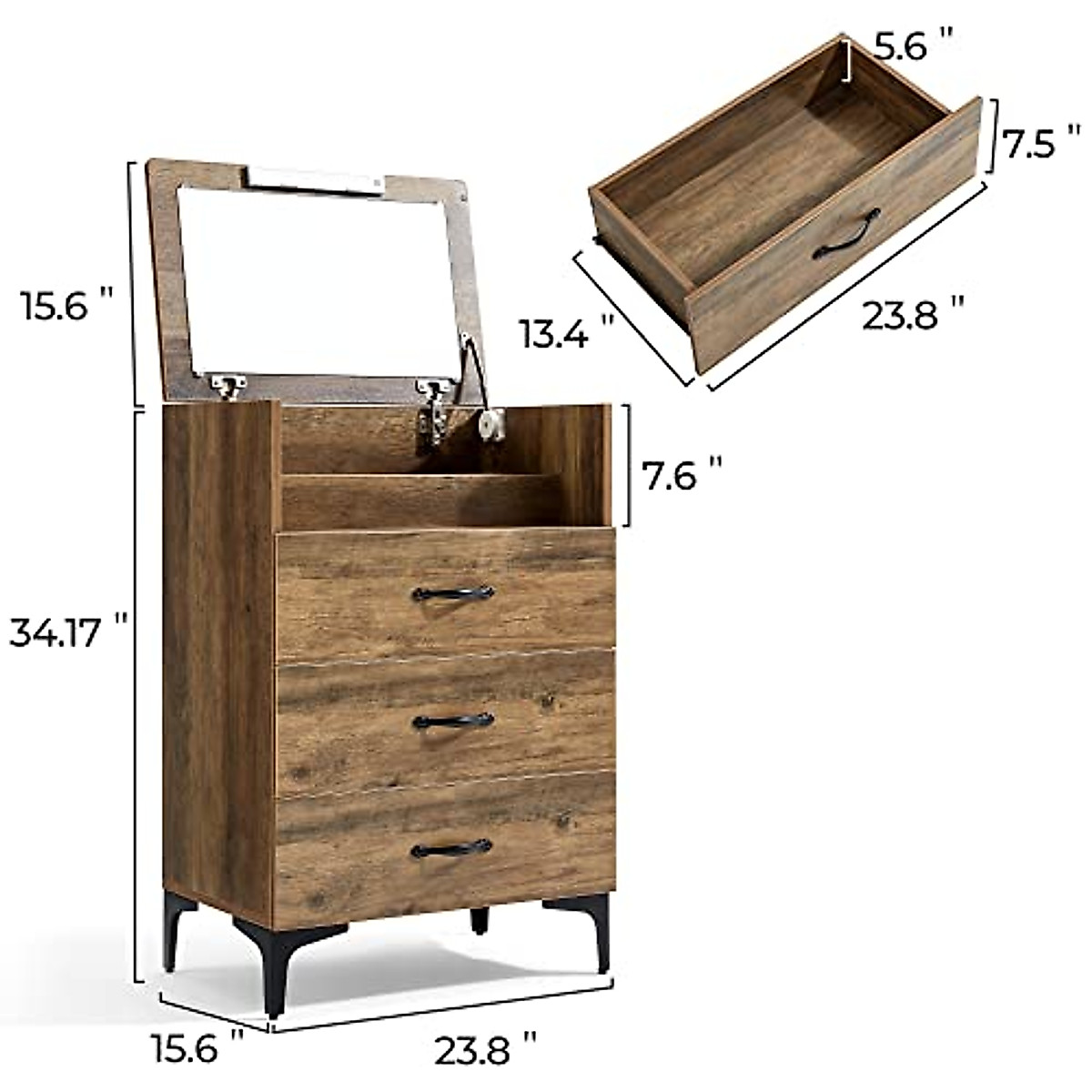 LINSY HOME Dresser with Mirror, Chests of Drawers with Antique Handles Wood Dresser with 3 Drawers, Storage Drawer with Makeup Organizer & Anti-Tipping Device, Oak Brown