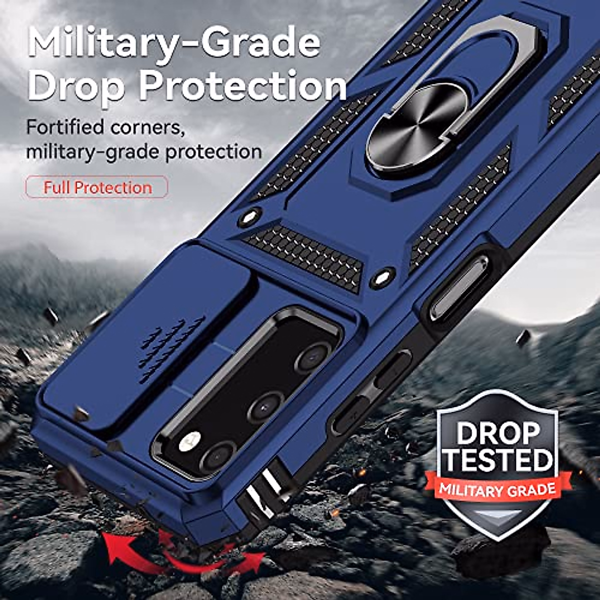 for Samsung Galaxy A03S Case with Slide Camera Cover HD Screen Protector [Military Grade 16ft. Drop Tested] Magnetic Ring Holder Kickstand Protective Phone Case for Samsung Galaxy A03S, Navy Blue
