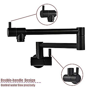 VALISY Lead-Free Solid Brass Single Hole Two Handle Matte Black Wall Mount Pot Filler Faucet，Copper Faucets for Kitchen Sink & Stove Folding Stretchable with 360° Swivel Double Joint Swing Arm