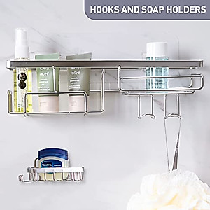 Softor 3 Pack Shower Caddy Shelf with Soap Holder and Hooks, Adhesive Shower Shelves with Waterproof Stainless Steel, No Drilling Bathroom Caddy Organizer Shower (Sliver), Silver