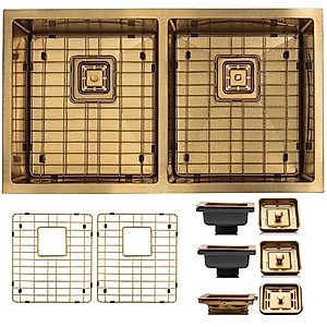 Strictly Sinks 32 Inch Undermount Kitchen Sink - 16 Guage 50/50 Double Bowl Kitchen Sink - Stain & Rust Resistant Gold Kitchen Sink with Bottom Grid, 1 Disposal Adapter & 2 Strainer Drains