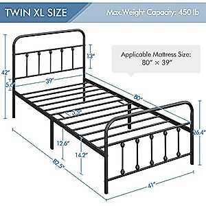 Topeakmart Twin XL Size Victorian Style Metal Bed Frame with Headboard/Mattress Foundation/No Box Spring Needed/Under Bed Storage/Strong Slat Support Black
