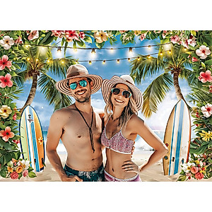 MEHOFOND 7x5ft Summer Hawaiian Beach Photography Background Tropical Luau Photo Backdrop Sky Ocean Palm Tree Surfboard Summer Holiday Sea Beach Party Supplies Aloha Birthday Photo Booth Props