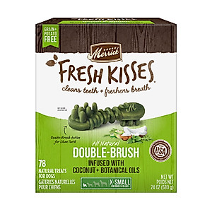 Merrick Fresh Kisses Double-Brush Dental Dog Treats, Infused with Coconut & Botanical Oils, Grain & Potato Free, for X-Small Dogs, 78 CT Treats/Pack (Pack of 4)