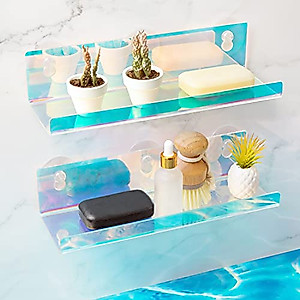 Iridescent Window Shelf for Plants, 2 Acrylic Window Mounted Shelves, Plant Window Shelf For Bathroom, Shower & Kitchen, Rainbow Iridescent Decor Modern Acrylic Suction Cup Window Ledge Plant Shelf