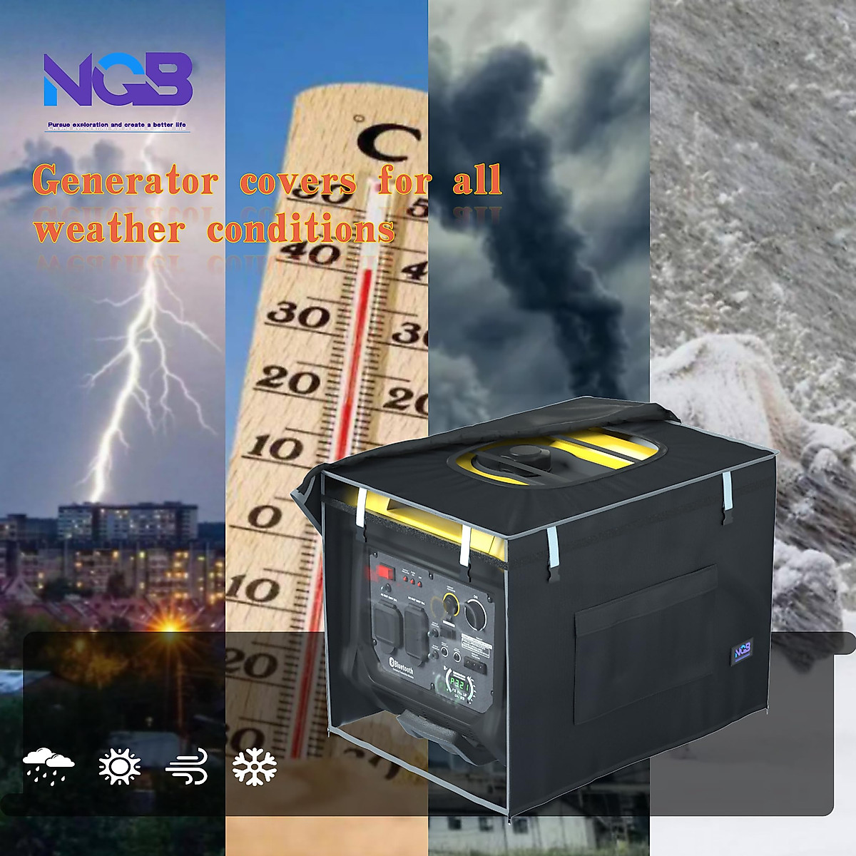 NGB Outdoor Generator Cover for 3700-7250W Inverter Generators Made of 600D+210D Double Layer Heavy-Duty Waterproof Fabric With Visible Operating Window Generator Running Cover 24.8"Lx20.2"Wx20.8"H .