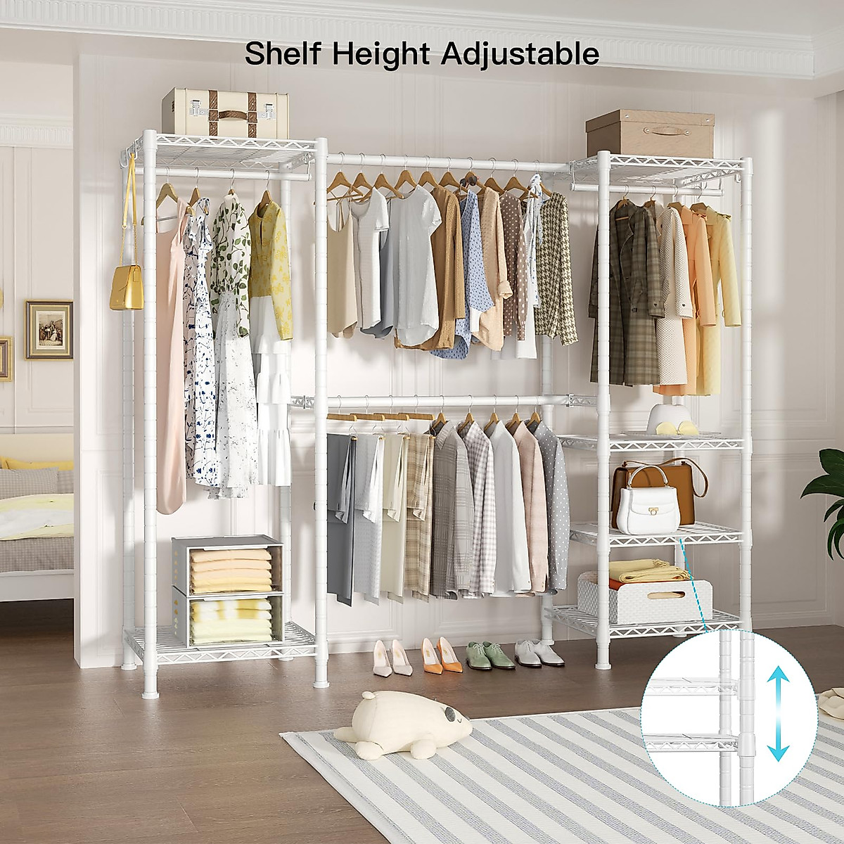 Ulif E7 Heavy Duty Garment Rack, Clothes Organizer and Storage Rack with Expandable Hangers, Metal Clothing Rack with 6 Wire Shelves, (52.3"-72") W x 14.5" D x 71.2" H, Load 740 LBS, White