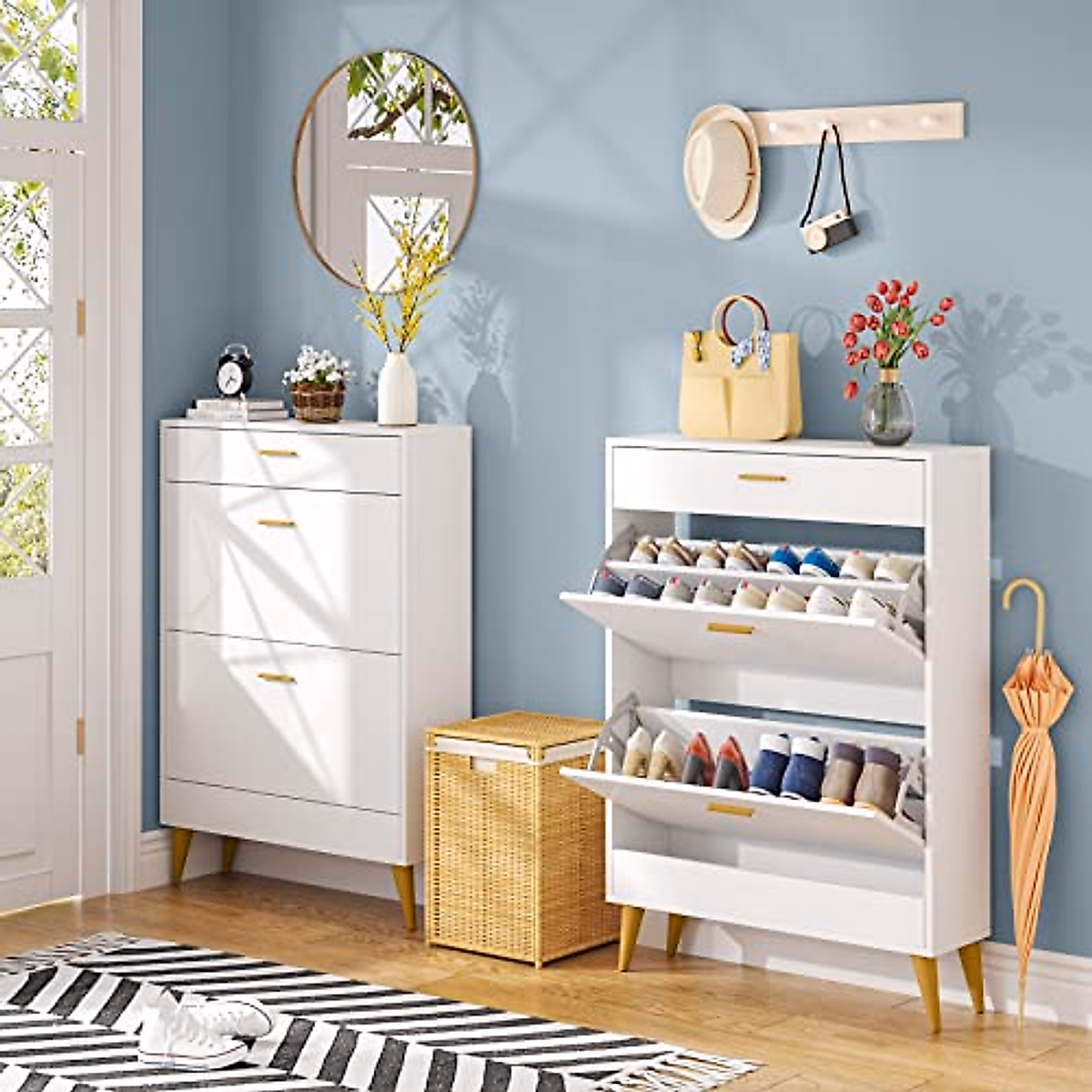 Tribesigns Shoe Cabinet, White Slim Shoe Storage Cabinet for Entryway, Modern 16 Pair Thin Shoe Rack Organizer with 2 Flip Drawers