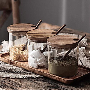 Hovico Condiment Container Seasoning Box Set, with Wooden Spoon Lid and Base, Salt Sugar Spice Pepper Condiment Container Jar Set of 3