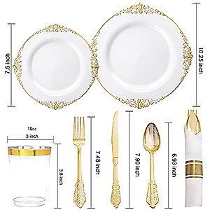 Nervure 350PCS White and Gold Plastic Plates & Pre Rolled Napkins with Plastic Cutlery for 50 Guests-Gold Disposable Plates, 150 Gold Plastic Silverware, 50Cups, 50Napkins for Party & Wedding