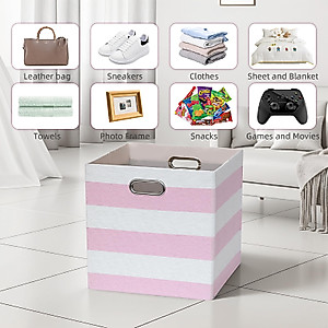 ORGMASTER 13x13x13 Storage Cube Bins, Foldable Storage Cubes Cubby Baskets Organizer Cloth Bins for Cube Storage Organizing Shelf Closet, Pack of 4, Pink/White Stripe