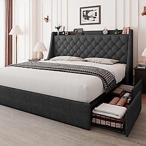 Feonase Queen Bed Frame with 4 Storage Drawers, Upholstered Storage Bed with Charging Station, Tufted Wingback Storage Headboard, No Box Spring Needed, Dark Grey
