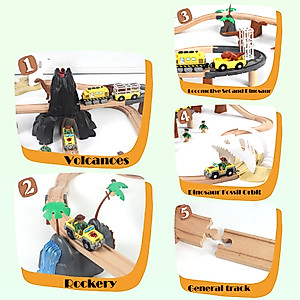 WINB Wooden Train Set 80PCS & Dinosaur Wooden Train Track Set, Gift Packed Toy Railway Kits for Kids, Toddler Boys and Girls 3,4,5 Years Old and Up– Premium Wood Dinosaur Wooden Train Track-Fits