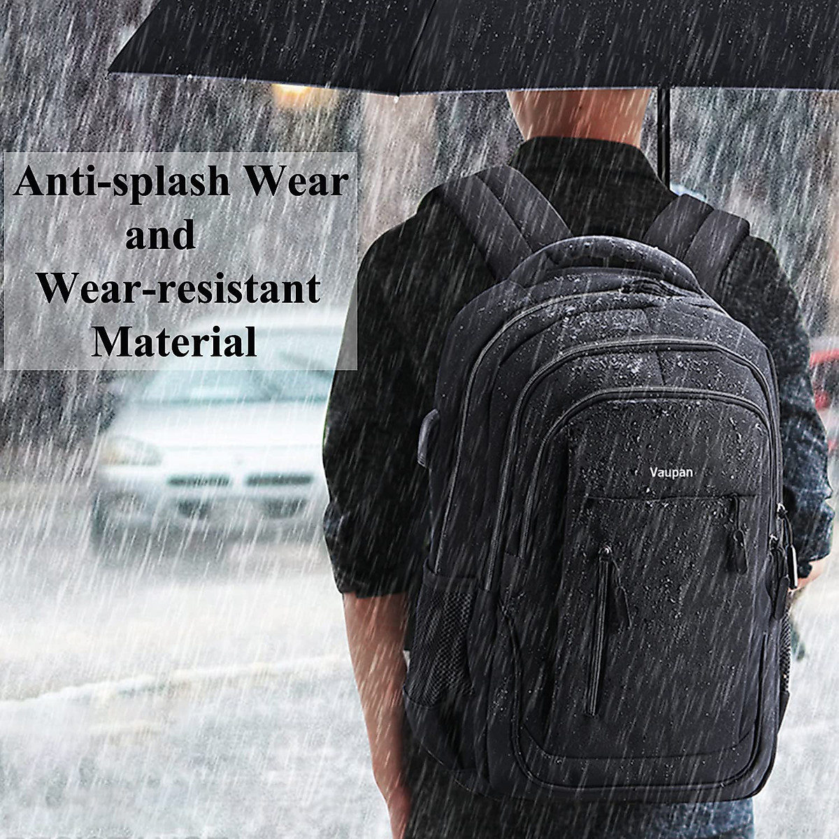 Vaupan Business Travel Laptop Backpack, Water Resistant College School Computer Bag Gifts with USB Charging Port for Men & Women Fits 15.6 Inch Notebook (Black)