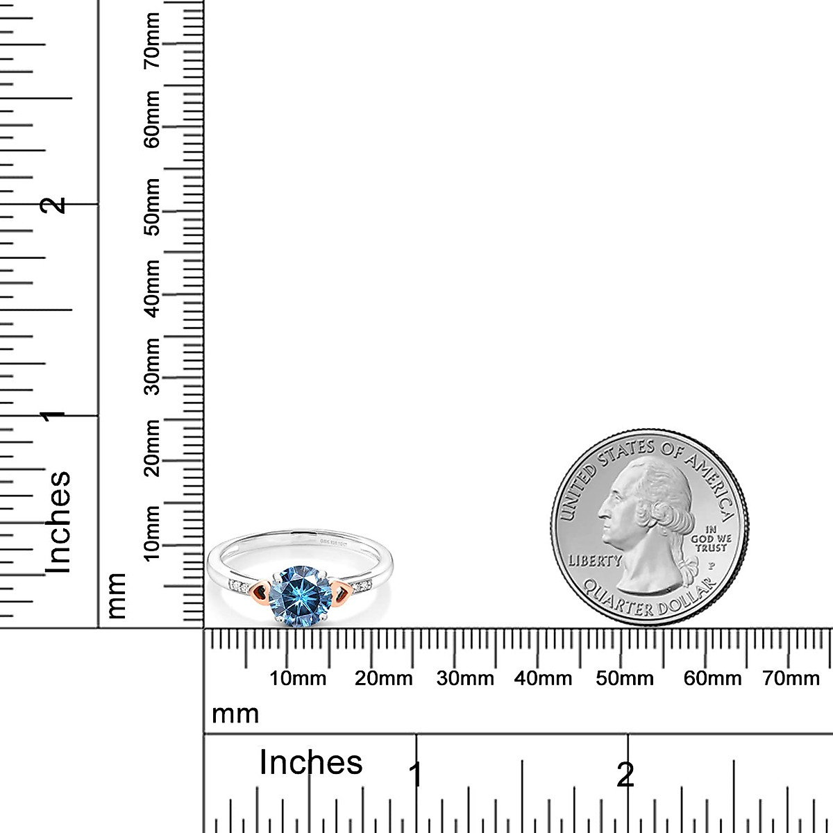 Gem Stone King 925 Silver and 10K Rose Gold Persian Blue Moissanite and White Diamond Solitaire Engagement Ring For Women (1.03 Cttw, Round 6.5MM, Gemstone Birthstone, Size 6)