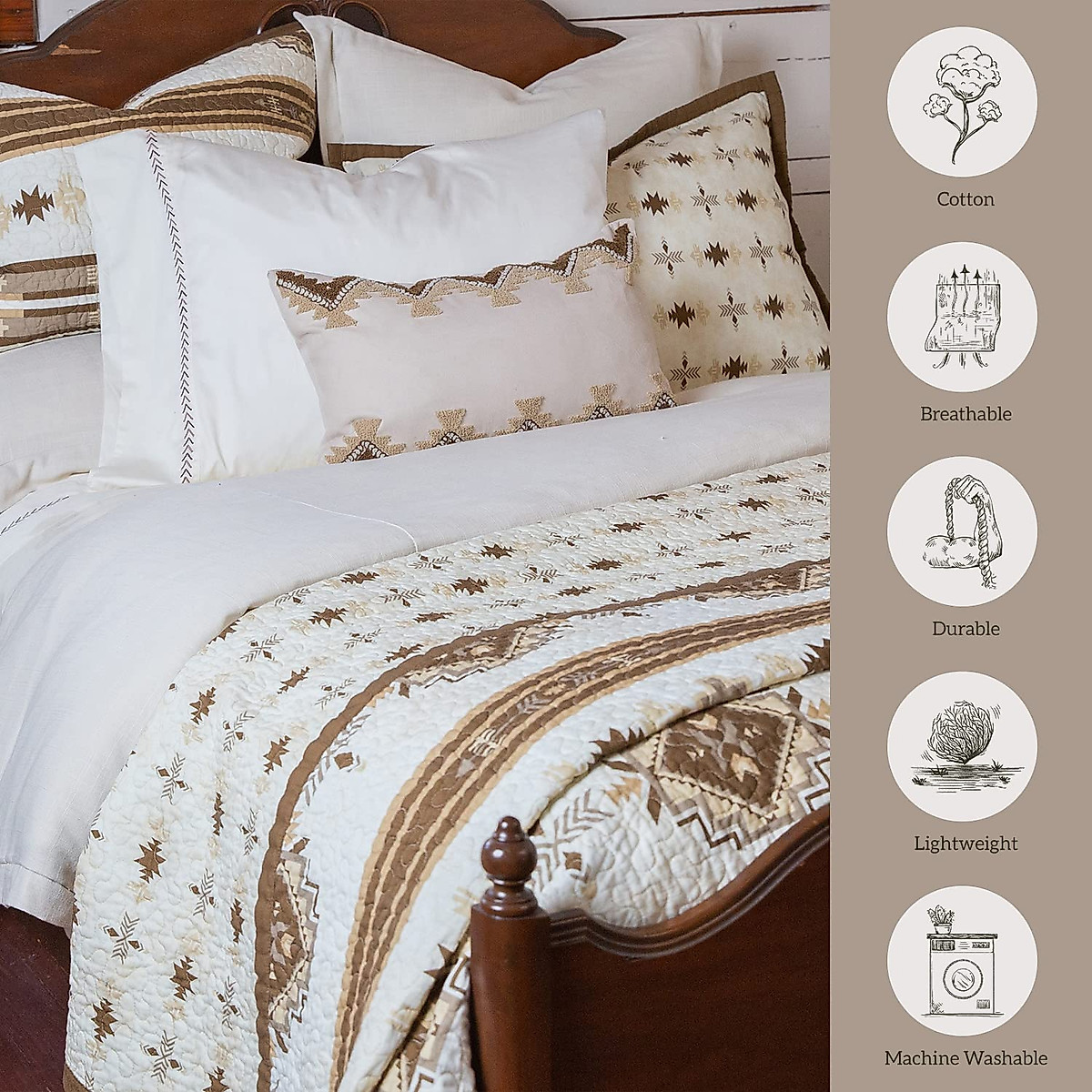 Paseo Road by HiEnd Accents Dakota Western Bedding 3 Piece Quilt Set with Pillow Shams, Full Queen Aztec Bedding Set, Brown Tribal Southwestern Bedding, Geometric Pattern Cotton Reversible Bed Set