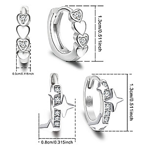 Silver Hoop Earrings Set for Women Sterlings Silver Hypoallergenic Star Earrings Heart Hoop Earrings Danity Cubic Zirconia Cartilage Huggie Hoop Earrings Set for Her Gifts for Birthday Christmas