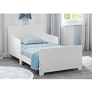 Delta Children MySize Toddler Bed, Bianca White, Dual Sided Recycled Fiber Core Mattress, 2 Attached Guardrails, 50 lbs Weight Capacity, 30 Inches Wide, 20 Inches Deep