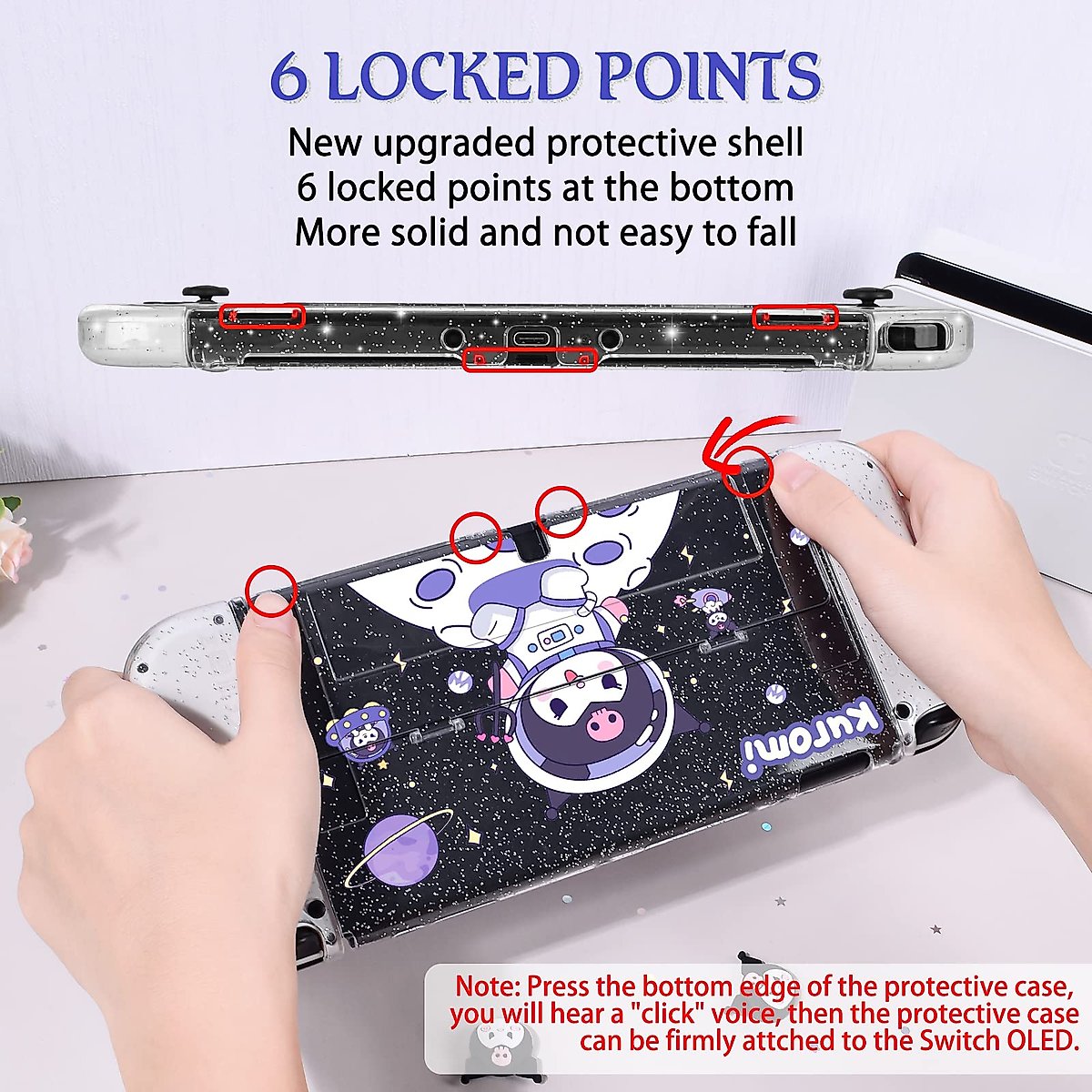 DLseego Little Devil Rabbit Glitter Switch OLED Protective Case Astronaut Clear Dockable Anti-Scratch Hard Shell Soft TPU Joy Con Cover with 2PCS Cute Cartoon Thumb Grips Caps for Switch 2021 Version