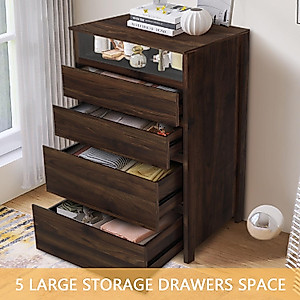 Vikiullf 4 Drawers Dresser - Tall Chest of Drawer, Wooden Dresser with Mirror and Lights, Farmhouse Dressers Drawers for Bedroom, Living Room, Entryway, Hallway