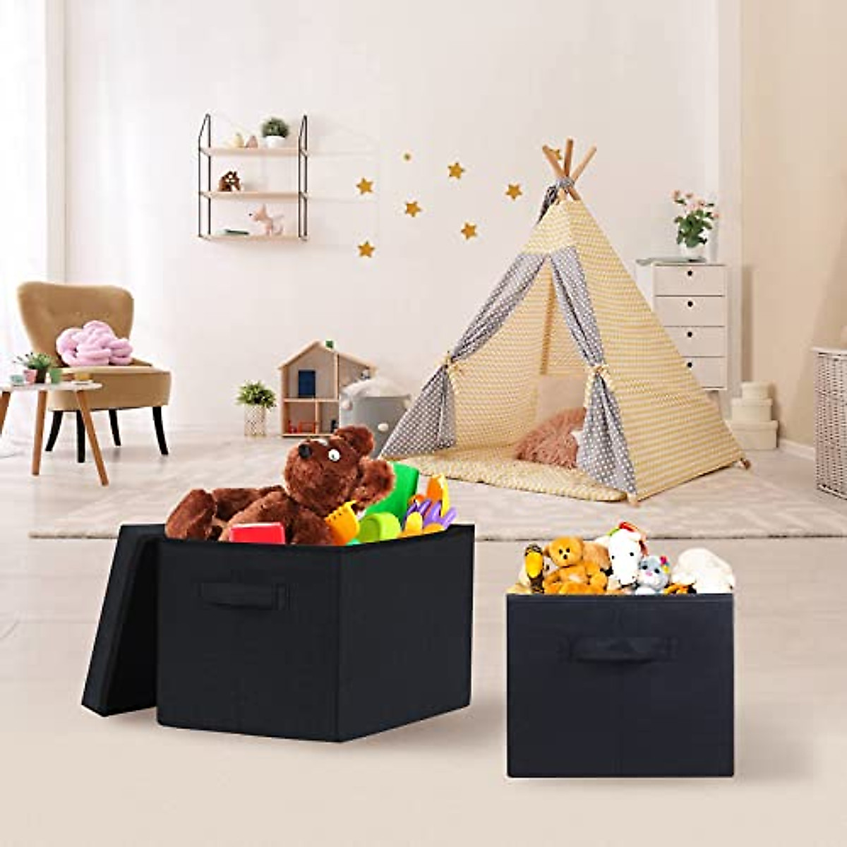 Consmos Large Foldable Fabric Storage Bin with Lids& Dual Handles, Sturdy Cubby Storage Basket for Clothes& Toys, Cube Storage Organizer Bins for Shelves, Closet, Bedroom, Home& Office, Black 3-Pack