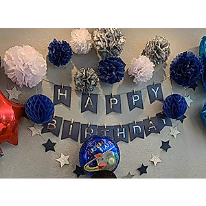 zorpia Outer Space Birthday Party Decorations 1st Birthday Boy Prince Party Decorations with Navy Silver Tissue Pom Poms Decorations Happy Birthday Banner Navy Blue Glitter Silver Paper Star Garlands