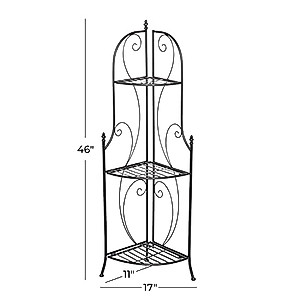 Deco 79 Metal Scroll Indoor Outdoor Tall Folding 3 Shelf Bakers Rack, 17" x 11" x 46", Black