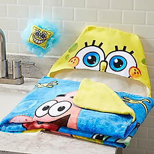 Franco Spongebob Squarepants Kids Bath/Pool/Beach Soft Cotton Terry Hooded Towel Wrap and loofah Set, 24 in x 50 in (Official Nickelodeon Product)