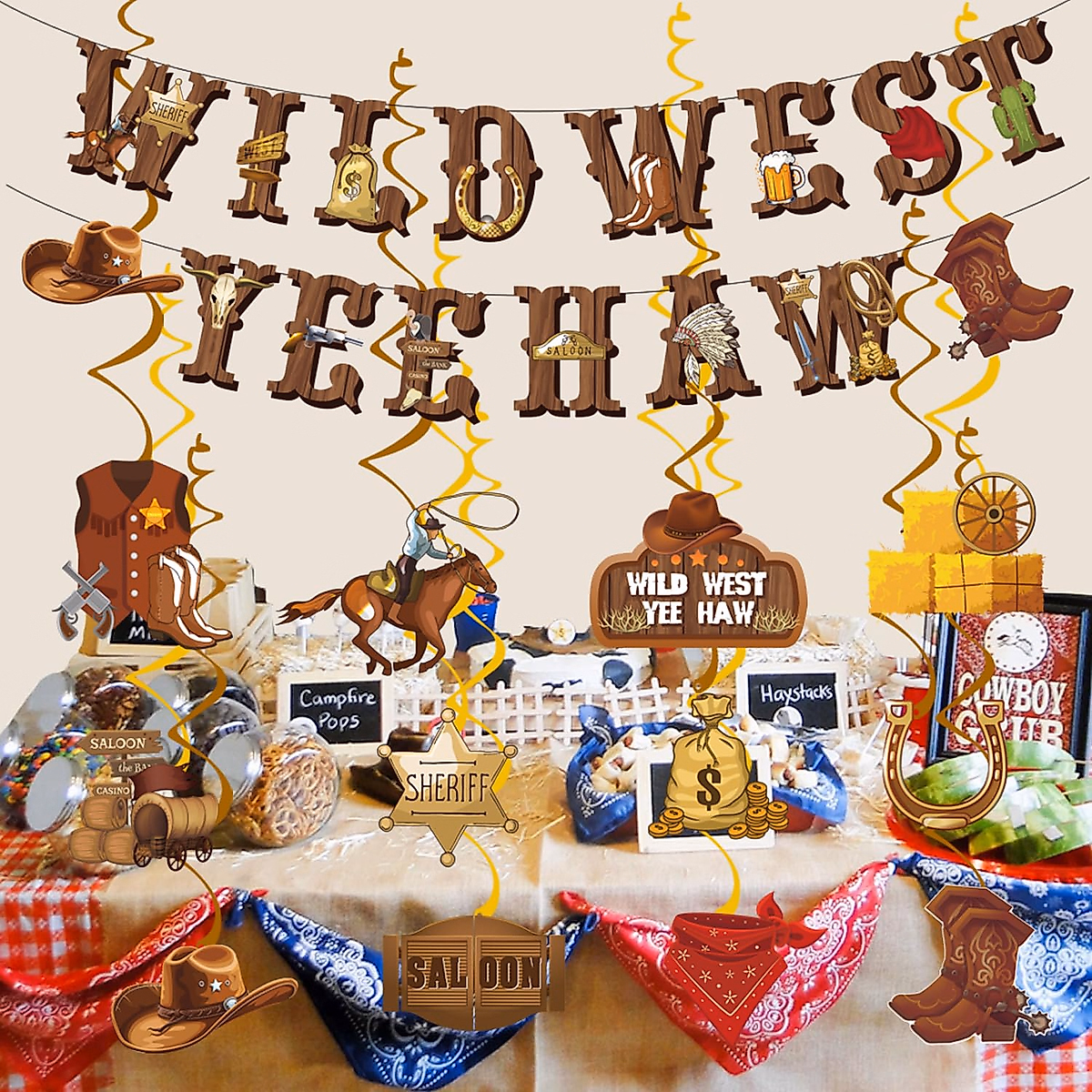 26Pcs Western Party Decorations West Cowboy Banner and West Cowboy Hanging Swirls Yee Haw Ceiling Streamers for Boys Birthday Western Baby Shower Party Decor Supplies