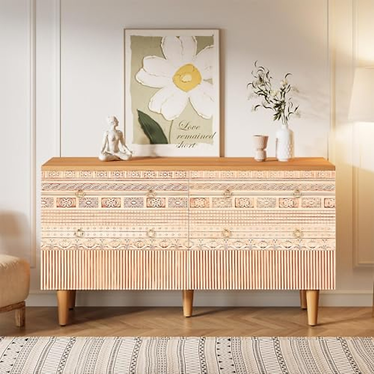 Tribesigns 6-Drawer Dresser, 47-Inch Boho Accent Dresser with 6 Carved Drawers, Double Wide Chest of Drawers, Wooden Dresser Cabinet with Metal Ring Pulls & Legs for Living Room, Bedroom, Oak