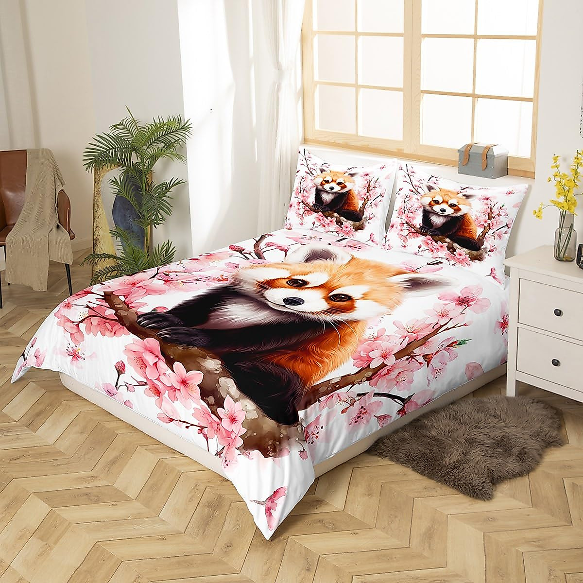 Manfei Red Panda Kawaii Bedding Set Twin Size,Pink Cherry Blossom Spring Blooming Floral Duvet Cover with 1 Pillow Comforter Cover(No Filler) for Kids,Cute Wild Animal Nature Quilt Cover Set 2 Pcs