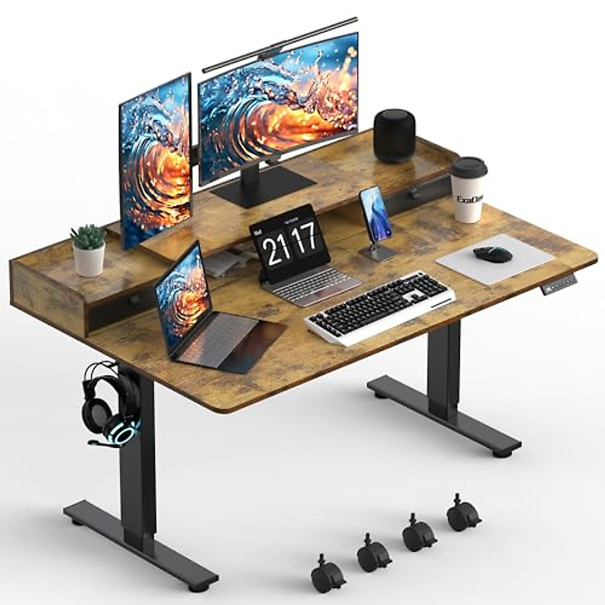 ExaDesk 55×30 Inch Electric Standing Desk with 2 Drawers, Adjustable Height Widened Stand Up Desk with Storage Shelf, Sit to Stand Ergonomic Workstation for Home Office