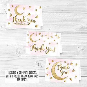 24 Pink Stars Baby Shower Thank You Cards With Envelopes, Kids Thank-You Note, 4x6 Gratitude Card Gift For Guest Pack For Party, Birthday, For Girls Children, Cute Angel Twinkle Moon Event Stationery