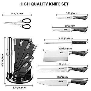 Velaze Knife Set with Block, 8 Pieces Stainless Steel Kitchen Knife Set with Spinning Block, Professional Chef Knife Bread Knife Paring Knife Scissor Set Built-in Sharpener, Dark Gray