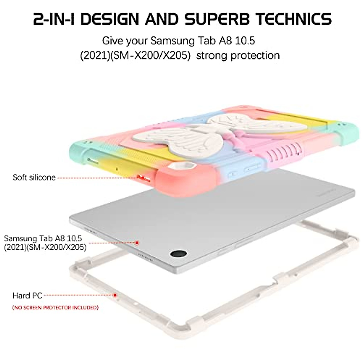 DOMAVER Galaxy Tab A8 Case Samsung Tab A8 Case 10.5 Inch with Butterfly Stand Shockproof Rugged Kids Friendly Silicone Heavy Duty Cover- Colorful Pink