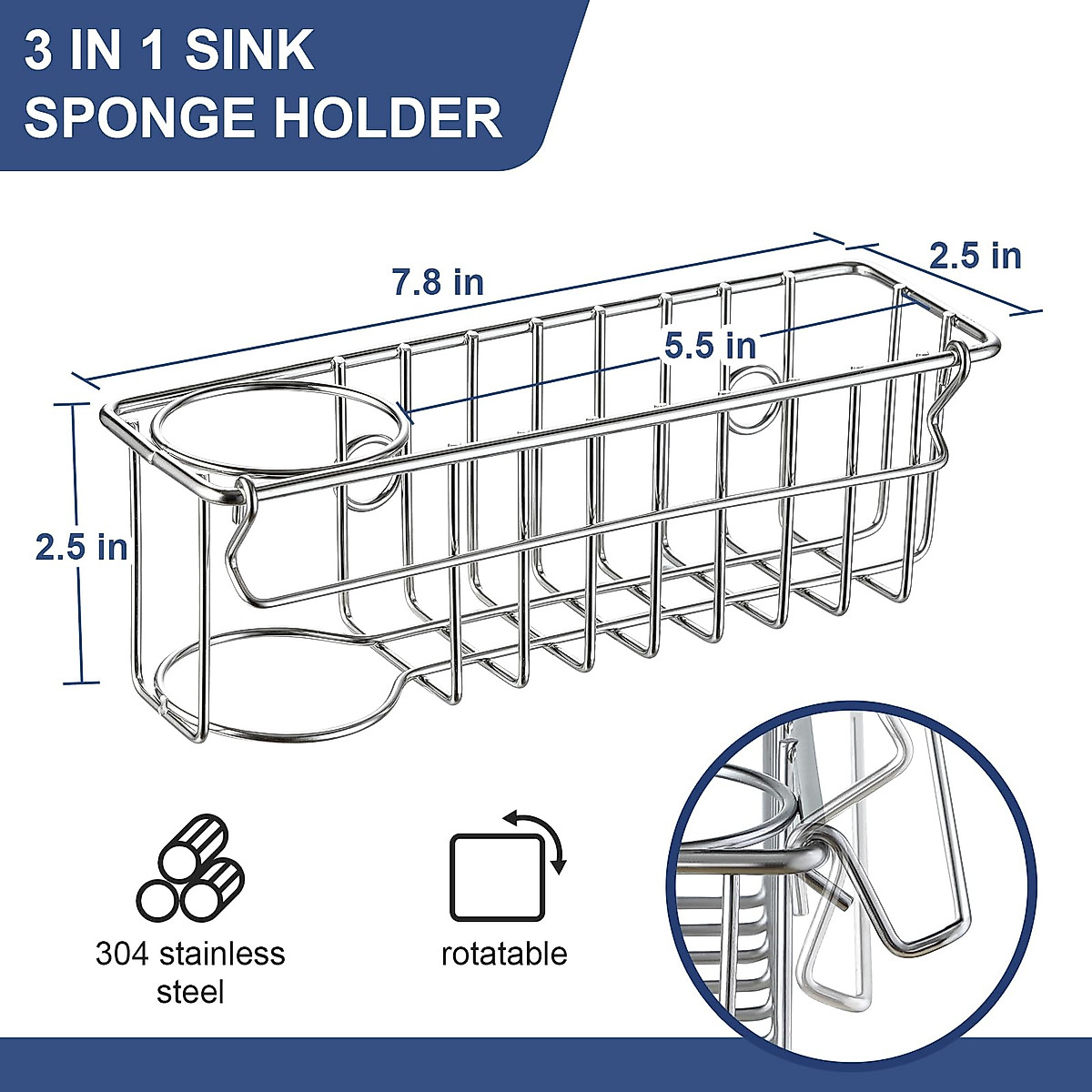 3-In-1 Sponge Holder for Kitchen Sink, 2 Type Suspension Options (Suction Cups & Adhesive Hook), Hanging Sink Caddy Organizer Rack - Sponge, Dish Cloth, Brush, Scrubber, Soap Tray, 304 Stainless Steel