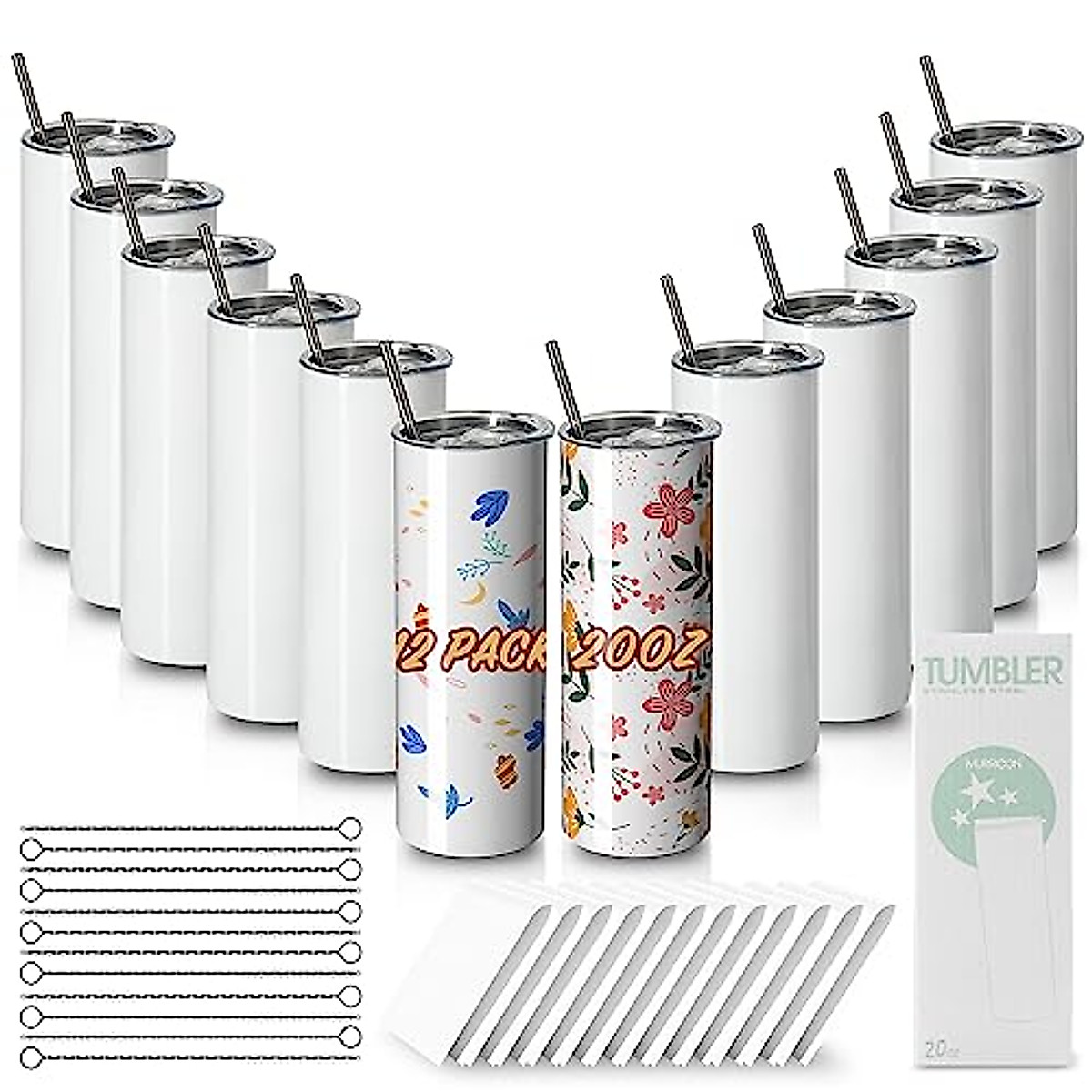 MURRICON Sublimation Tumblers 20 oz Skinny Straight,Stainless Steel Sublimation Blanks Skinny Tumbler,Double Wall Vacuum Insulated Sublimation Tumblers,with lid and straw,12 Pack