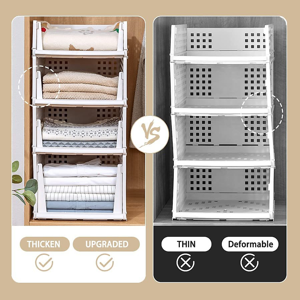 ASHILY Foldable Stackable Wardrobe Storage Shelf Box Containers, Multifunctional Drawer Organizer with Sliding Rails, Folding Clothes Baskets for Closet, Under Sink, Tabletop(L-17.13x13.39x9.65 in)